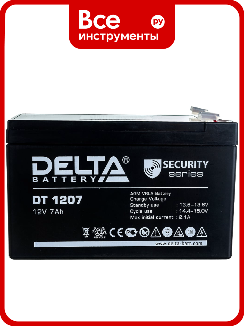 Аккумулятор Delta DT 1207, AGM, необслуживаемый, 7 Ач, 102x65 мм