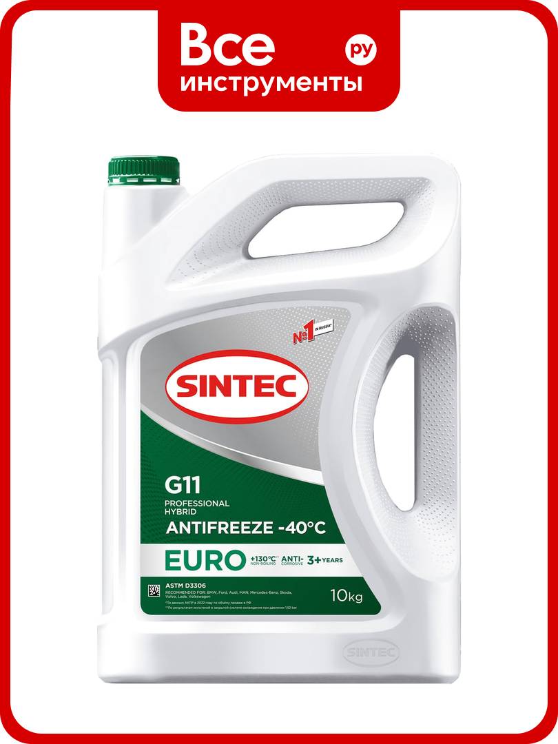 Антифриз Sintec EURO G11 готовый к использованию, зеленый, на основе моноэтиленгликоля, универсальный для автомобилей