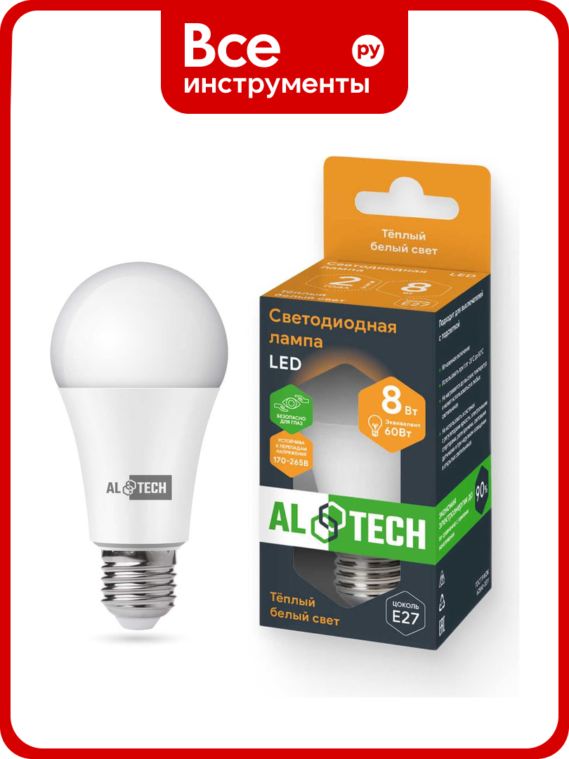 Лампочка светодиодная ALTECH LED Р60-8W-830-E27 8Вт груша теплый белый свет 4673758070180