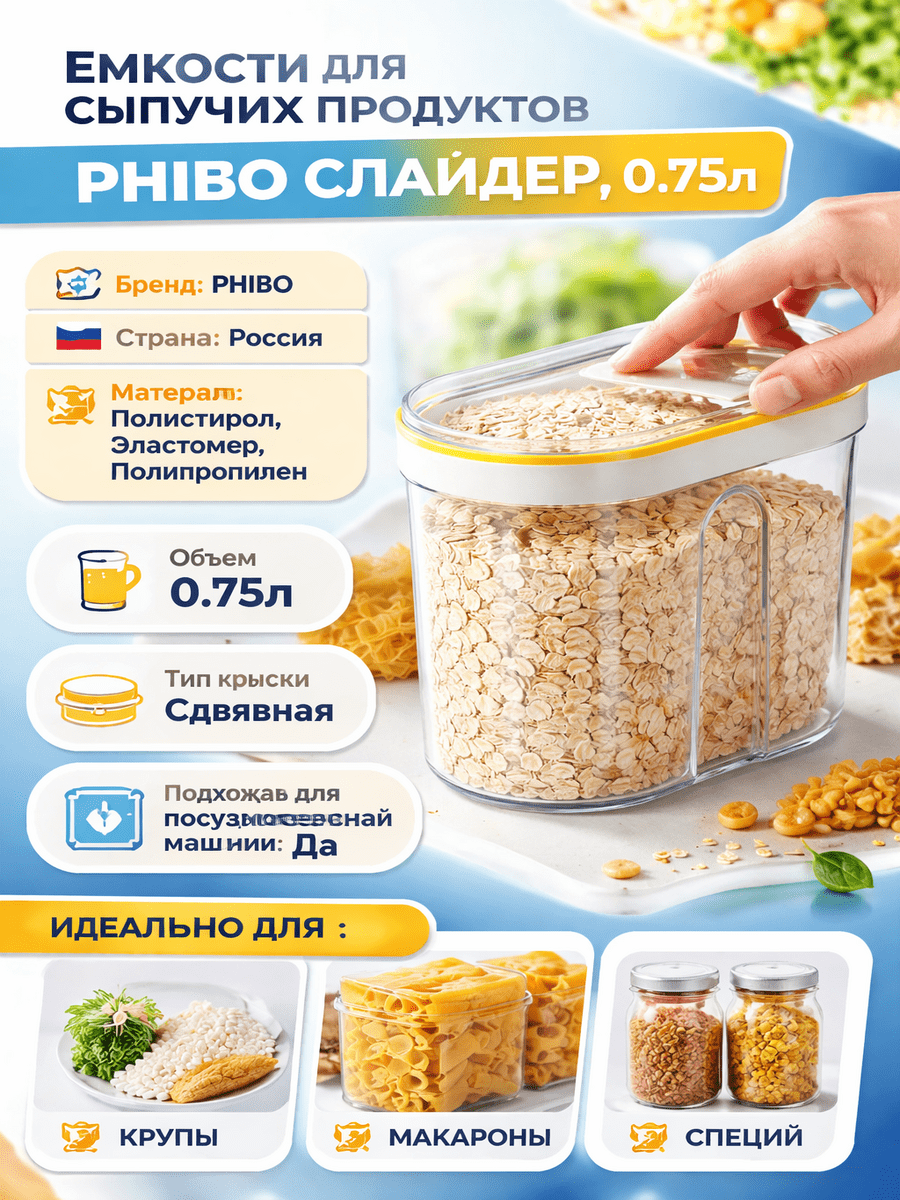 Емкость для сыпучих продуктов Phibo слайдер, 0.75л