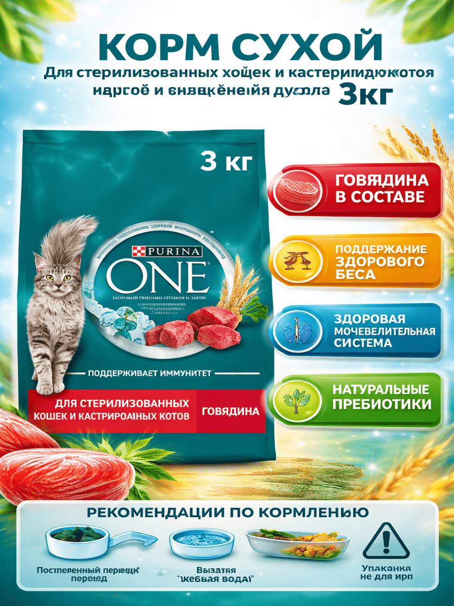 Корм сухой Purina One для стерилизованных кошек и кастрированных котов с говядиной и пшеницей, 3кг