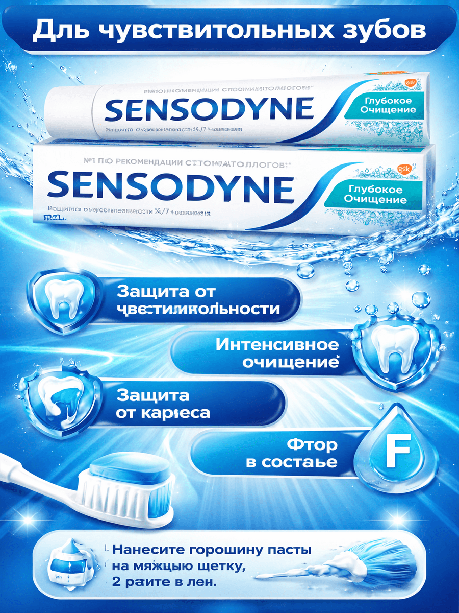 Зубная паста Sensodyne Глубокое очищение для чувствительных зубов с фтором, 75мл