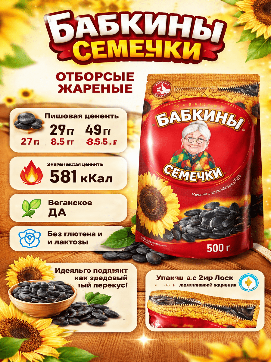 Семечки подсолнечника Бабкины семечки отборные жареные, 500г
