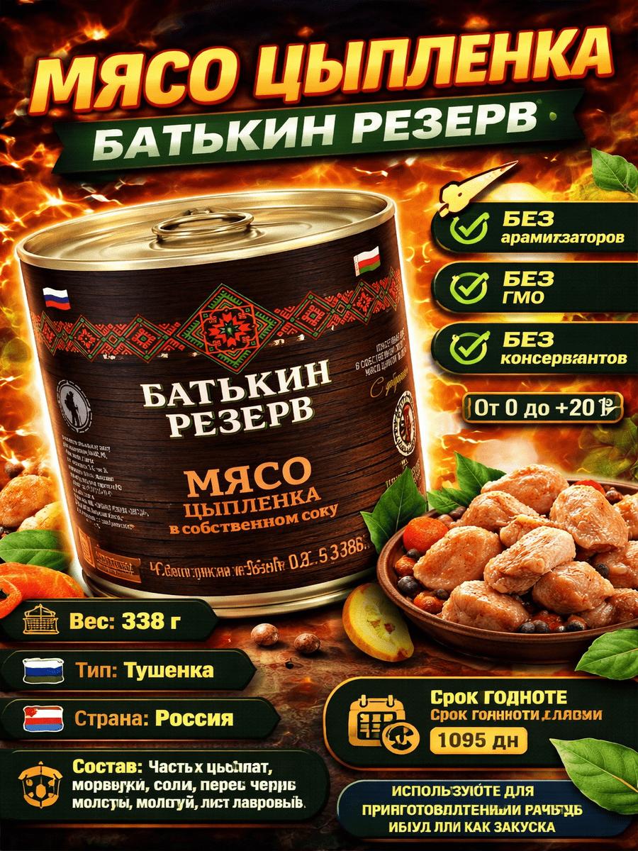 Мясо цыпленка Батькин Резерв в собственном соку ГОСТ, 338г