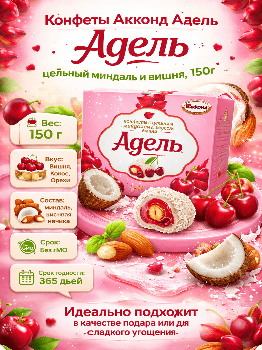 Конфеты Акконд Адель цельный миндаль и вишня, 150г