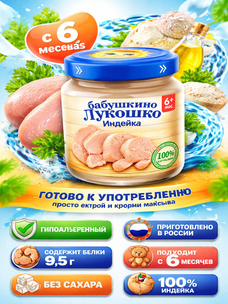 Пюре мясное детское Бабушкино Лукошко Индейка с 6 месяцев, 100г