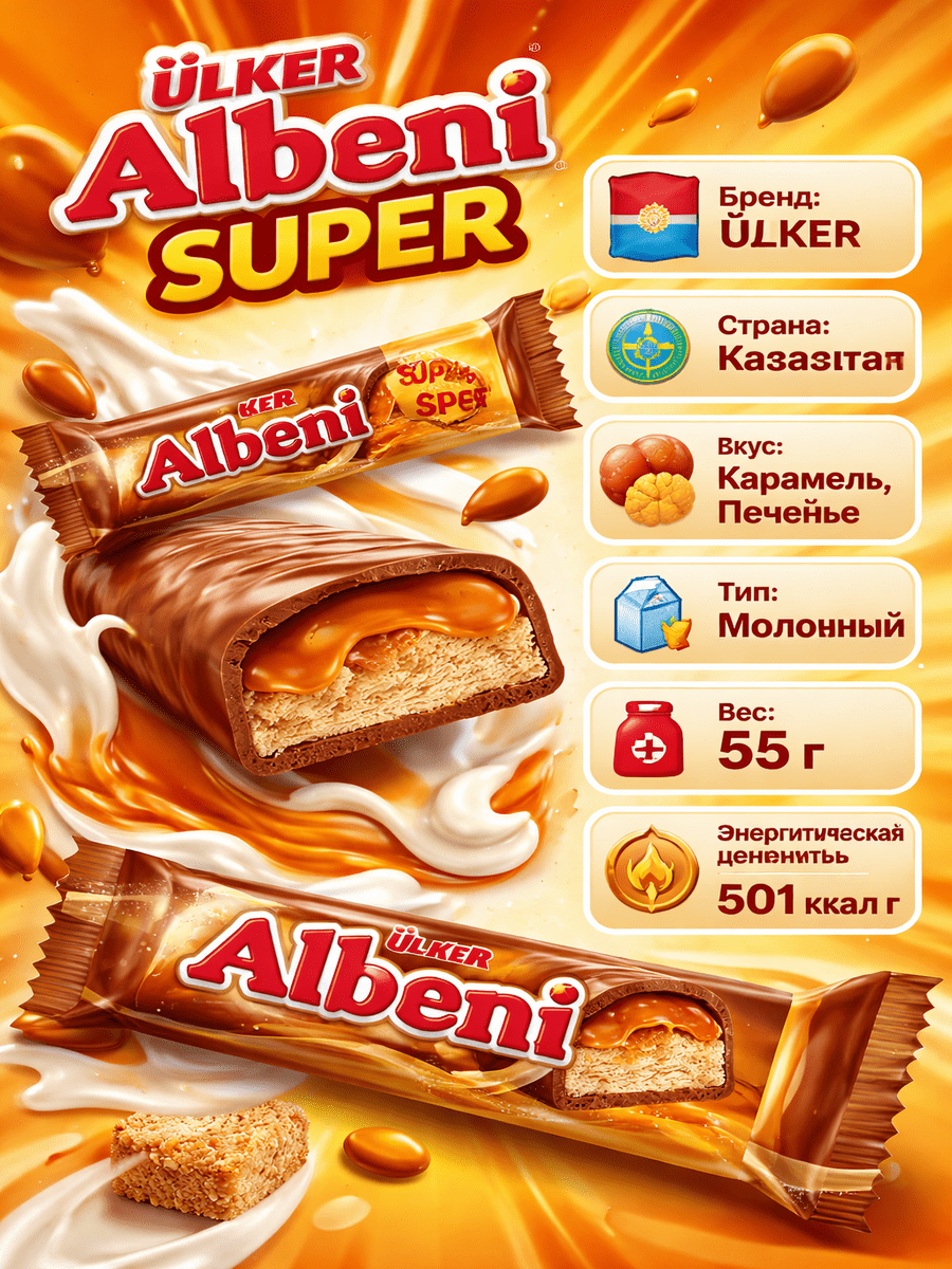 Батончик шоколадный Ulker Albeni Super с печеньем и карамелью, 55г x 2 упаковки