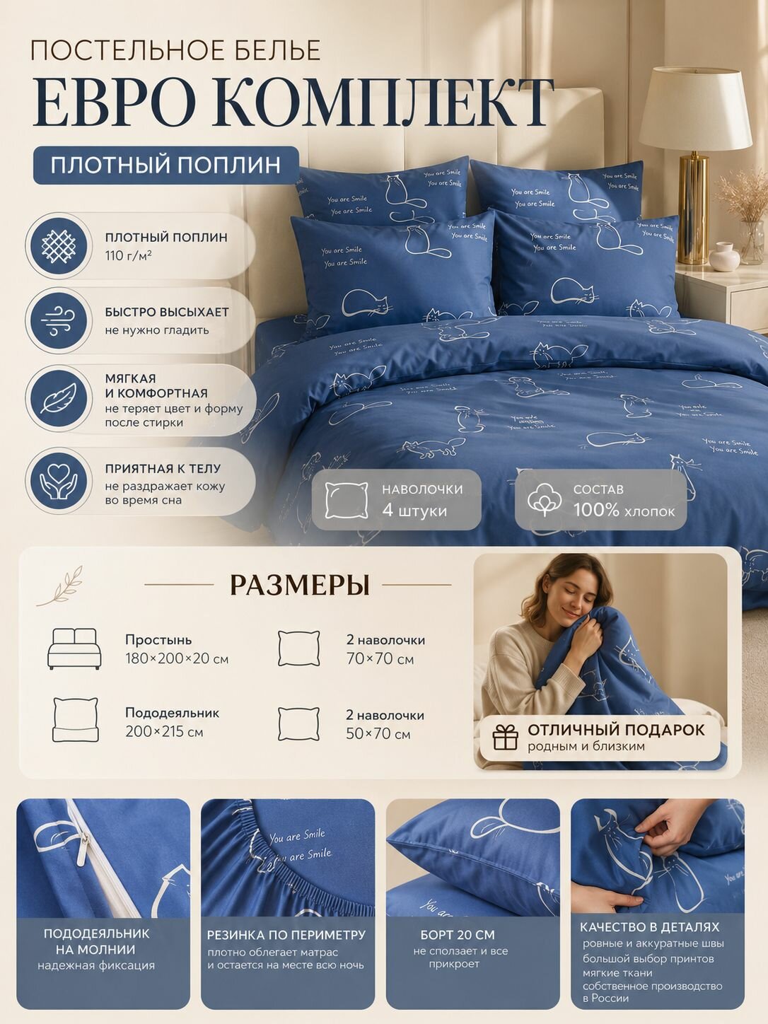 Комплект Постельного Белья. Мягкое На Кровать, Матрас, Диван. Набор Простыня на Резинке, 4 Наволочки, Пододеяльник На Молнии. Хлопок, Сатин, Полисатин. Коты Синие.