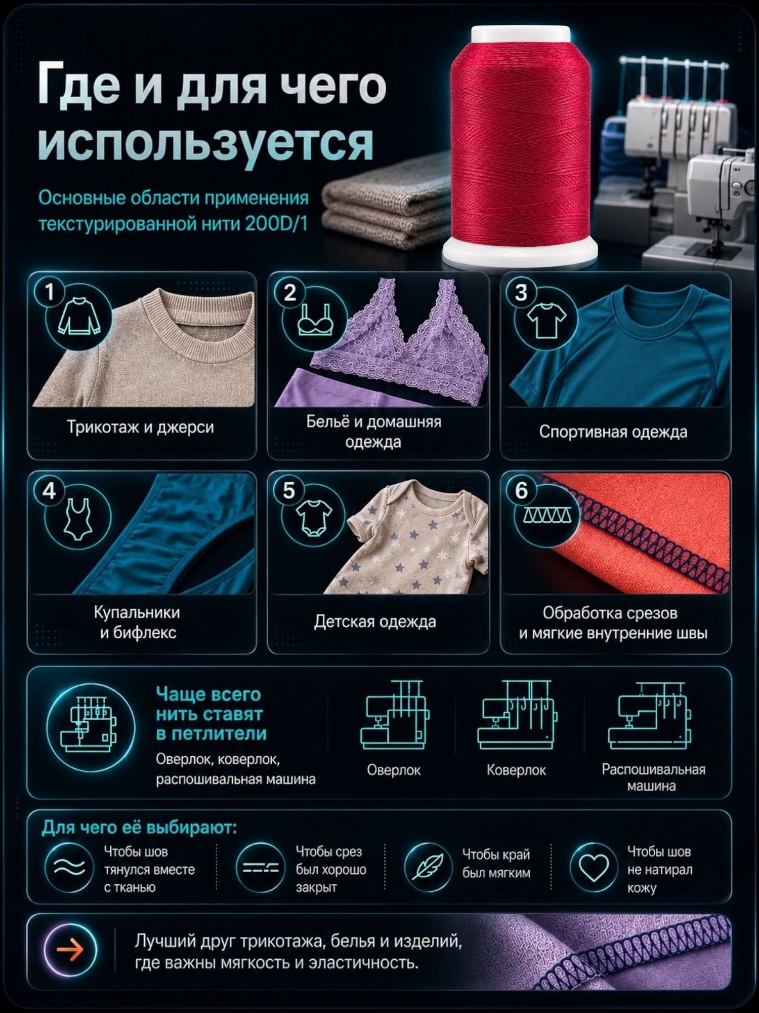 Нить Sew Point, текстурированная, эластичная, полиэфир, 1000м — фото 1