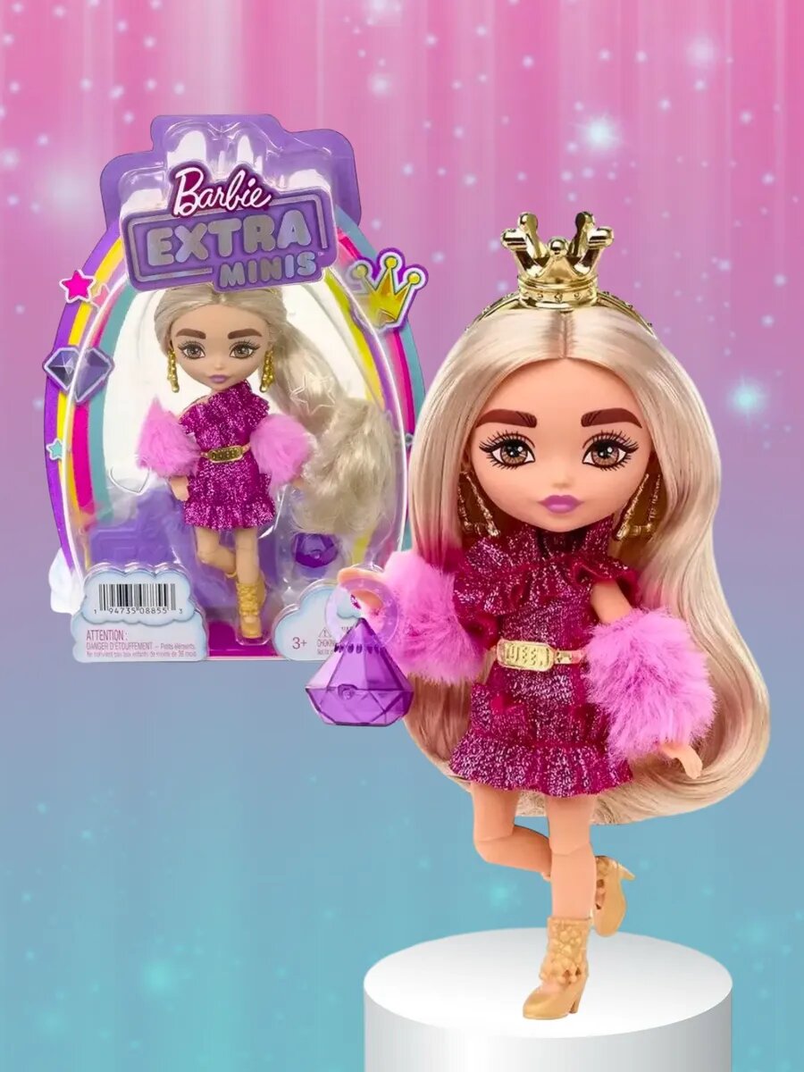 Кукла Барби Mattel Barbie HGP62, HJK67 Extra Minis в блестящем платье и короне с сумкой бриллиантом