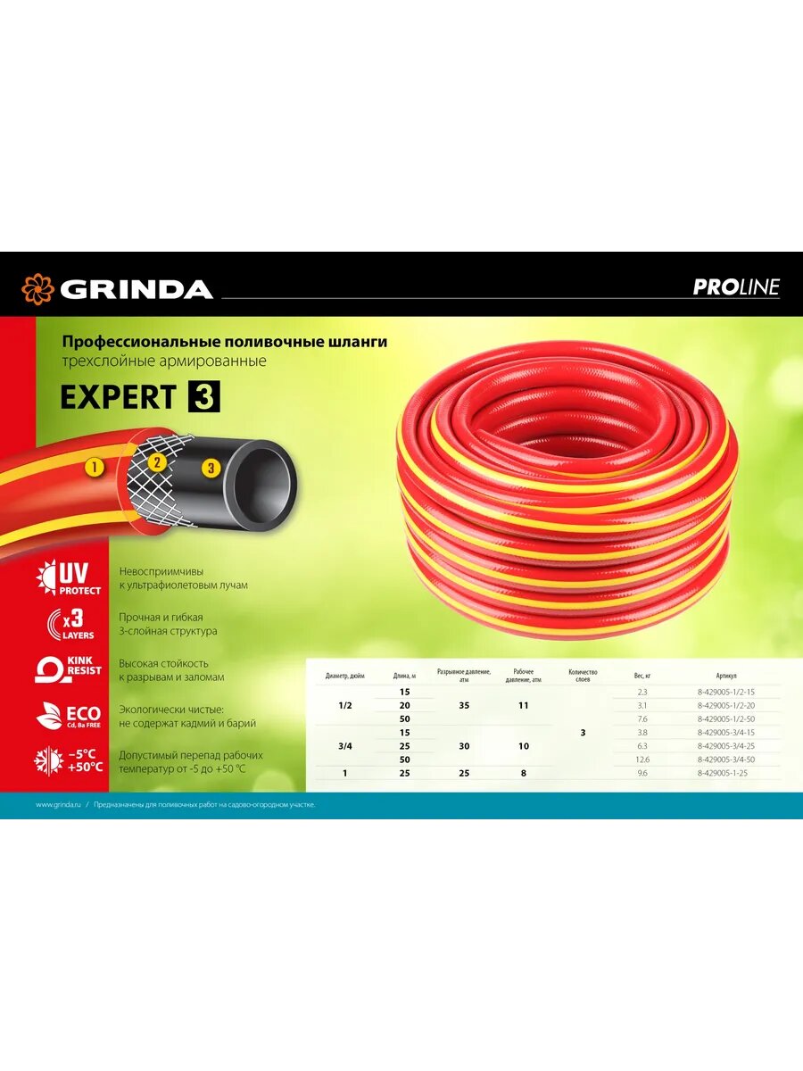 GRINDA EXPERT 3, 1/2″, 15 м, 35 атм, трёхслойный, армир