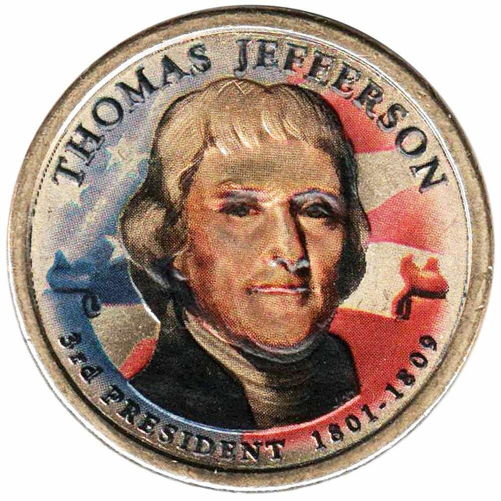 03d Монета США 2007 год 1 доллар Томас Джефферсон Вариант №2 Латунь COLOR. Цветная