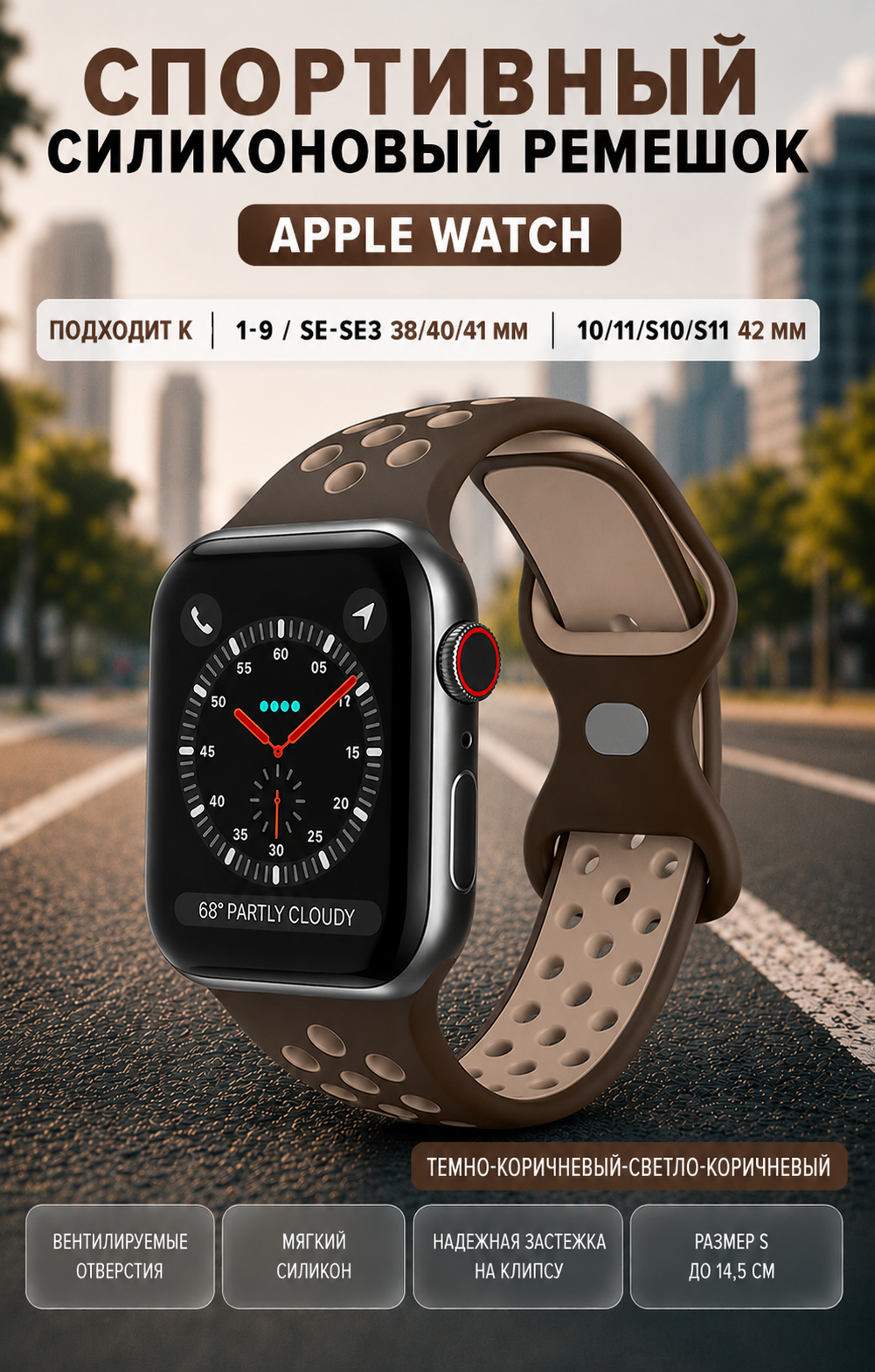 Спортивный силиконовый ремешок для Apple Watch 38/40/41/42 мм и SE (размер S), двухцветный, темно-коричневый-светло-коричневый