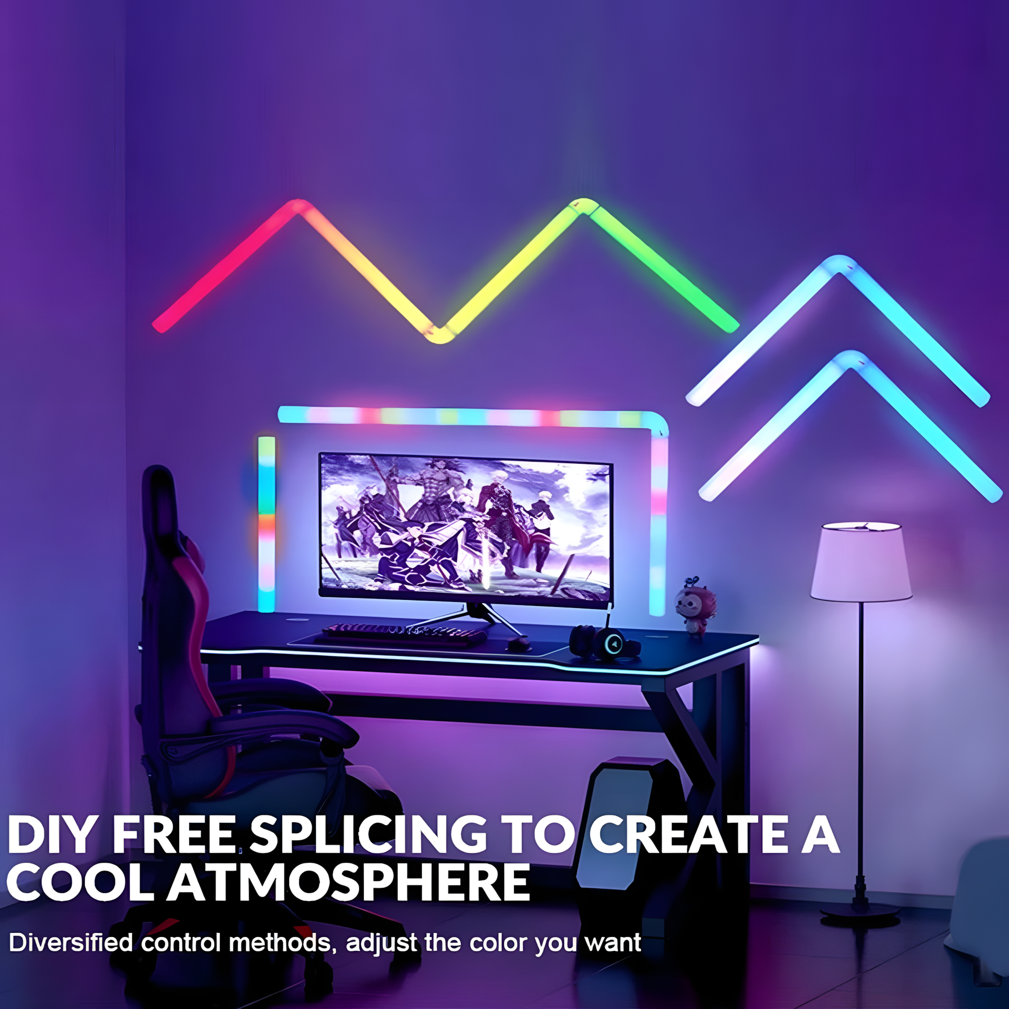 Светильник настенный модульный (6 прямых модулей + 1 угловой), умная RGB панель, неоновые лампы со светомузыкой