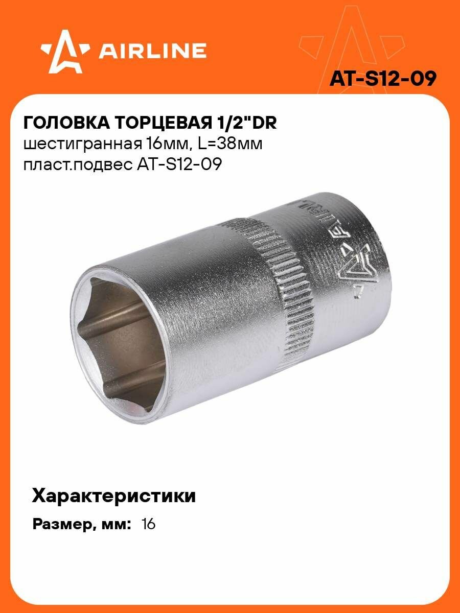 Головка 2 шт торцевая 1/2" DR шестигранная 16мм, пласт. подвес, головка на подвесе, профессиональная для инструмента AIRLINE AT-S12-09