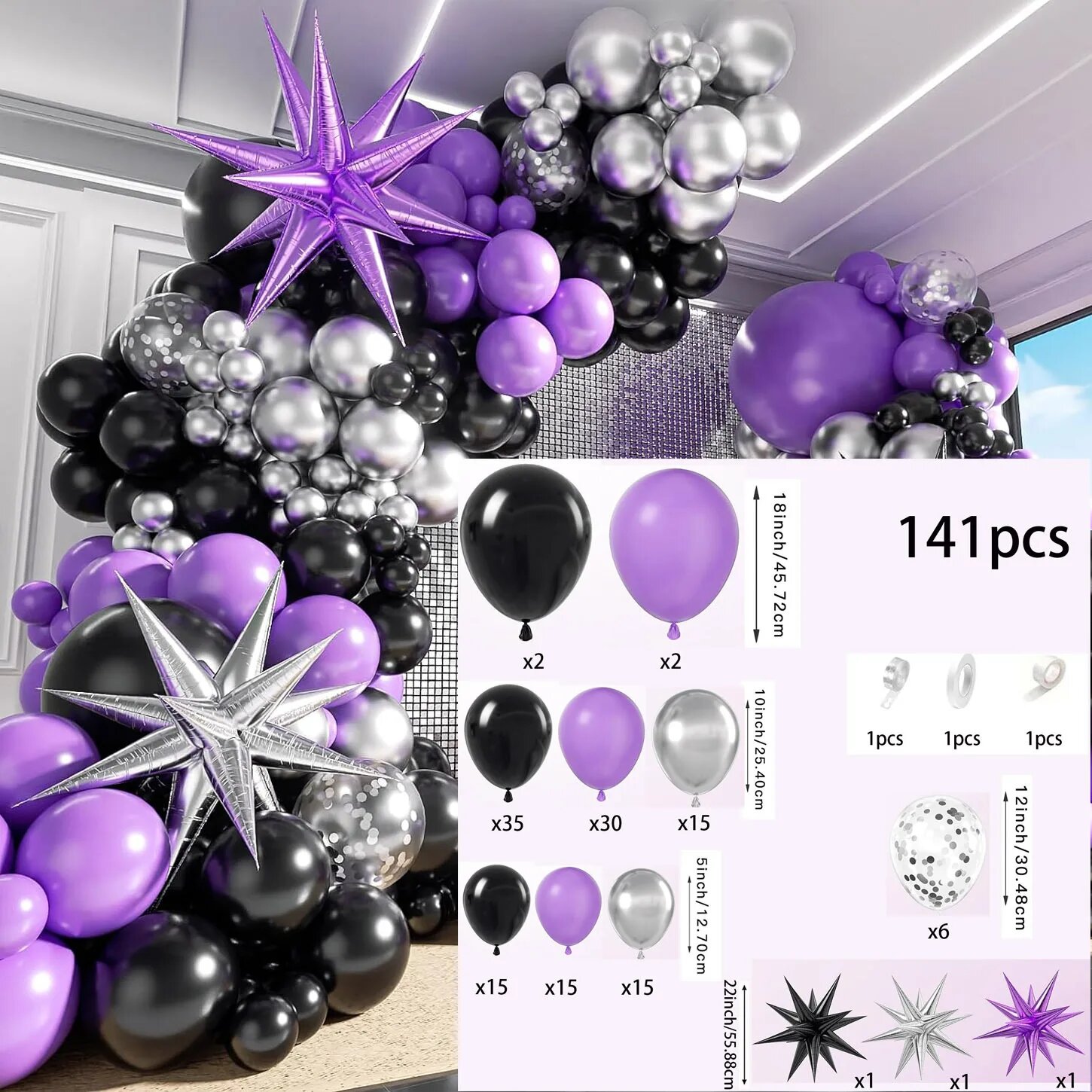 Комплект гирлянд из воздушных шаров Purple, Black, Silver