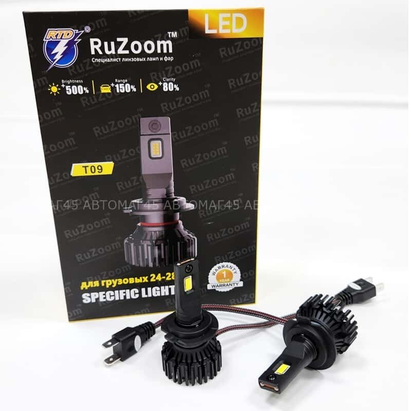 Ruzoom T09 лампы для груз. авто LED 2шт H7 24-28В 90W 5500K 9000Lm с обманкой гарантия 6мес