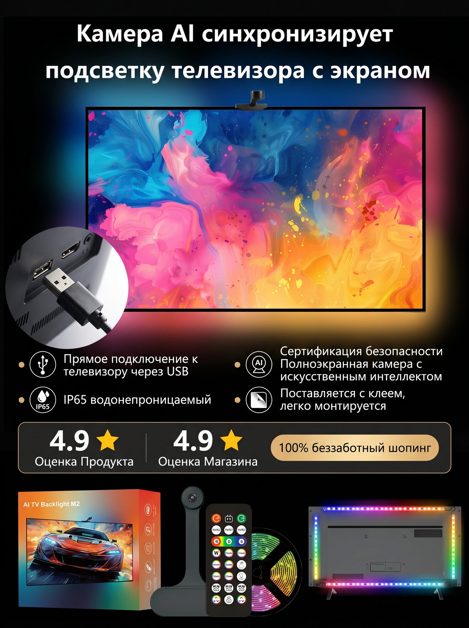 Лента LED AI-камера, RGB, музыкальный режим, пульт 2.4 G, IP65, FCC, CE, 5m, 75-85 дюймов