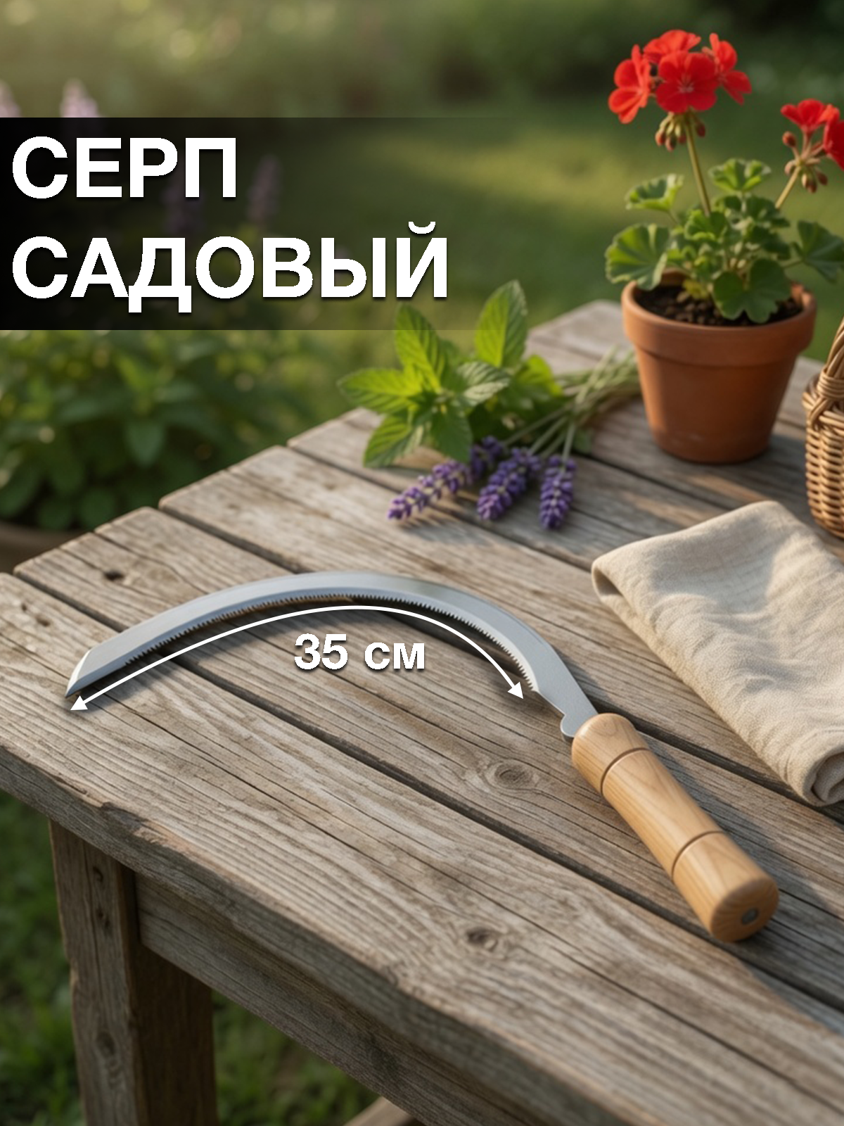 Серп садовый для травы "Травник", зазубренное лезвие 35 см, деревянная ручка.