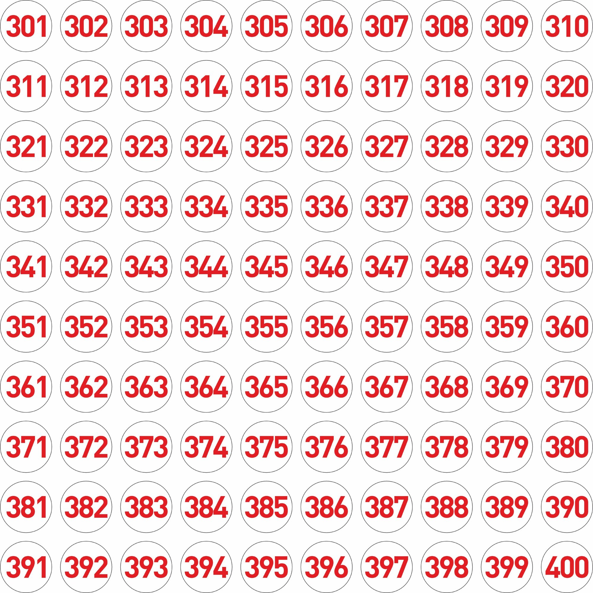 Набор наклеек цифры 301 - 400, 100 штук