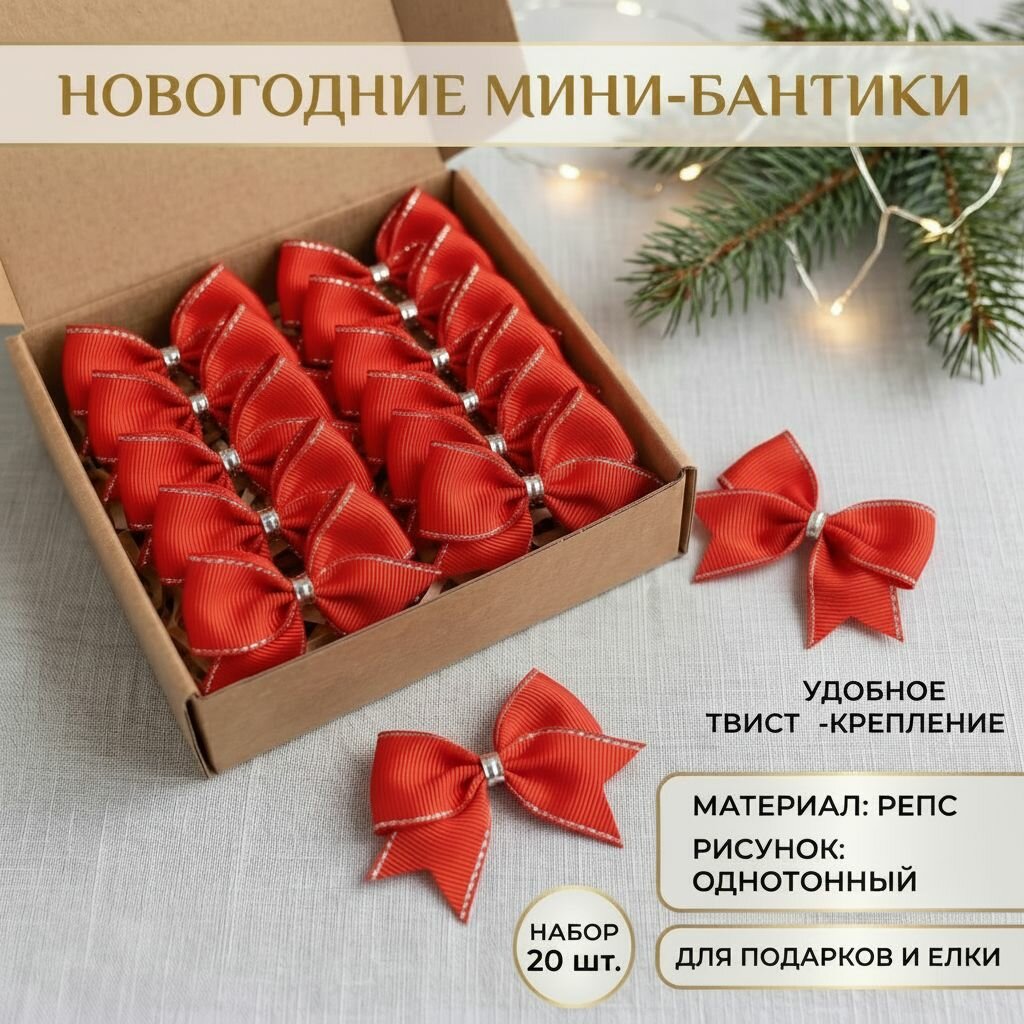 Бантики мини 5 см новогодние 20 шт, красный цвет с серебряным люрексом, репсовые, крепление твист