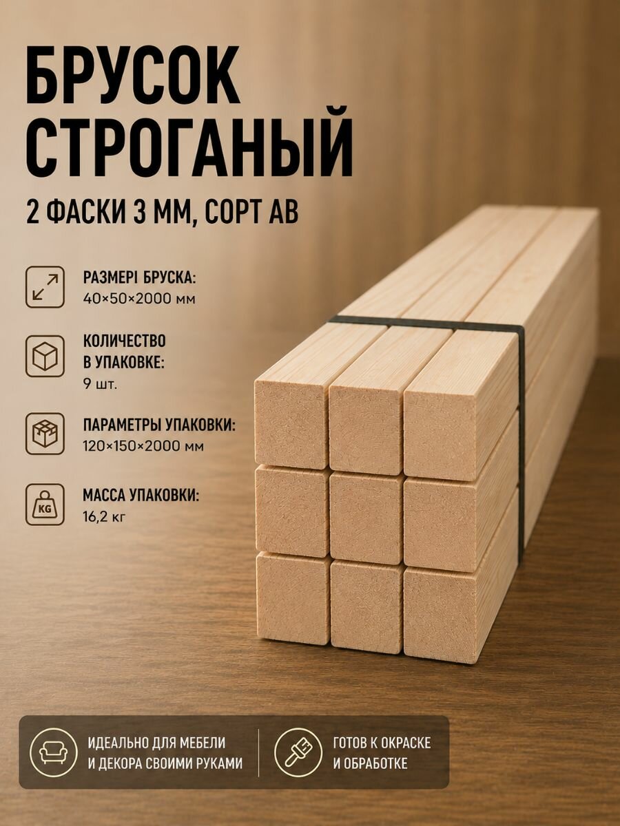 Брусок строганый 2 Фаски 3 мм сорт АВ, 40х40х2000, 9шт, хвойных пород