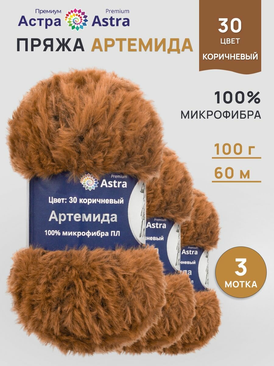 Пряжа для вязания Astra Premium 'Артемида' 100г, 60м (100% микрофибра ПЛ) (30 коричневый), 3 мотка