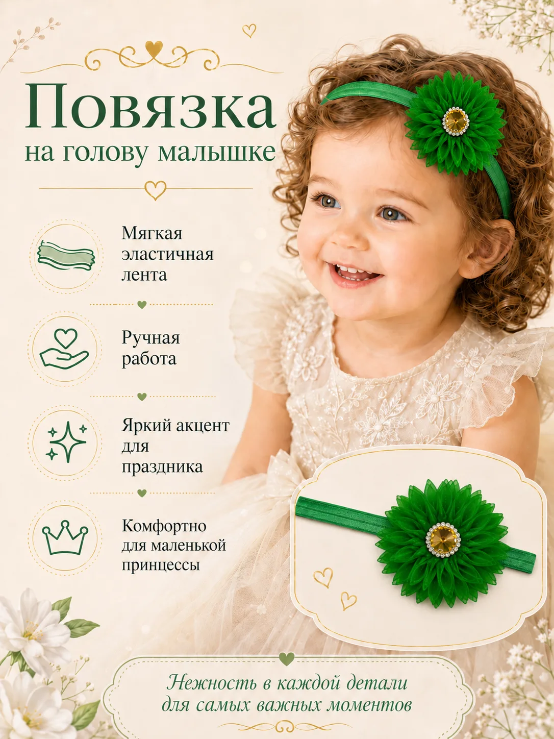 Повязка на голову "Арт&Дизайн", для новорожденных, зеленая, с цветочным принтом