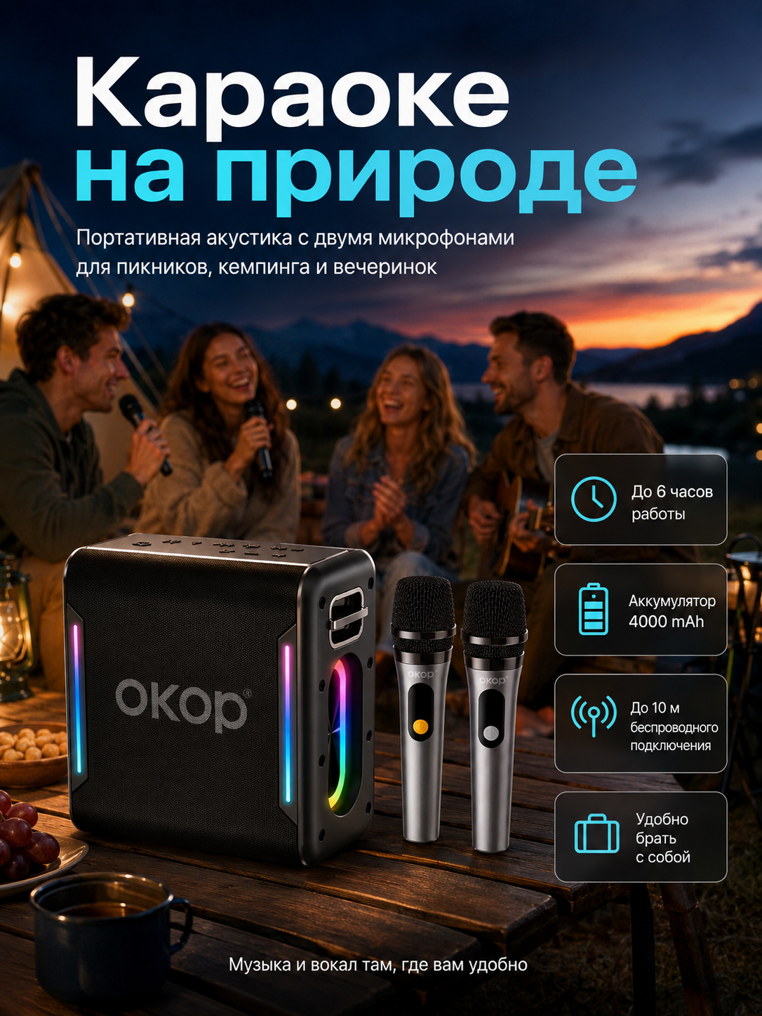 Мощная блютуз колонка с микрофонами, IPX6 водонепроницаемая, 6 часов автономной работы