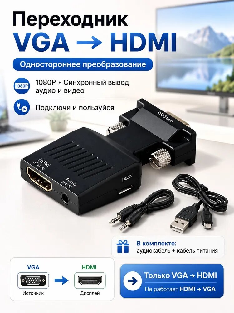Видеокабель VGA (D-Sub)/HDMI, черный