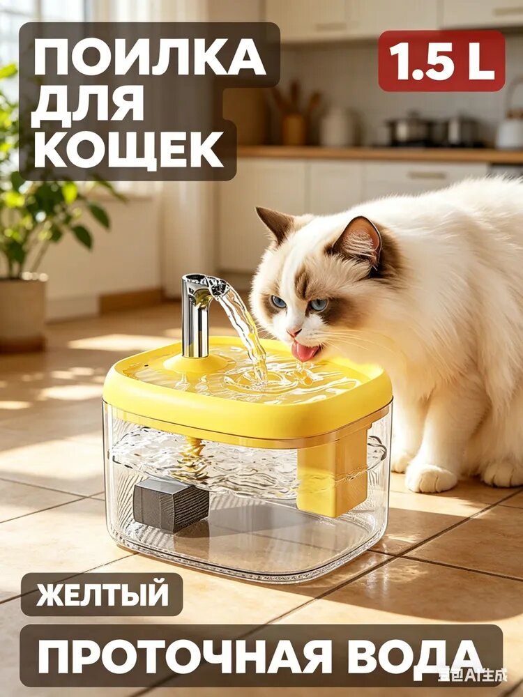 Автоматическая поилка для кошек и собак 1.5 л, фильтрация воды, USB, желтый, 1 шт