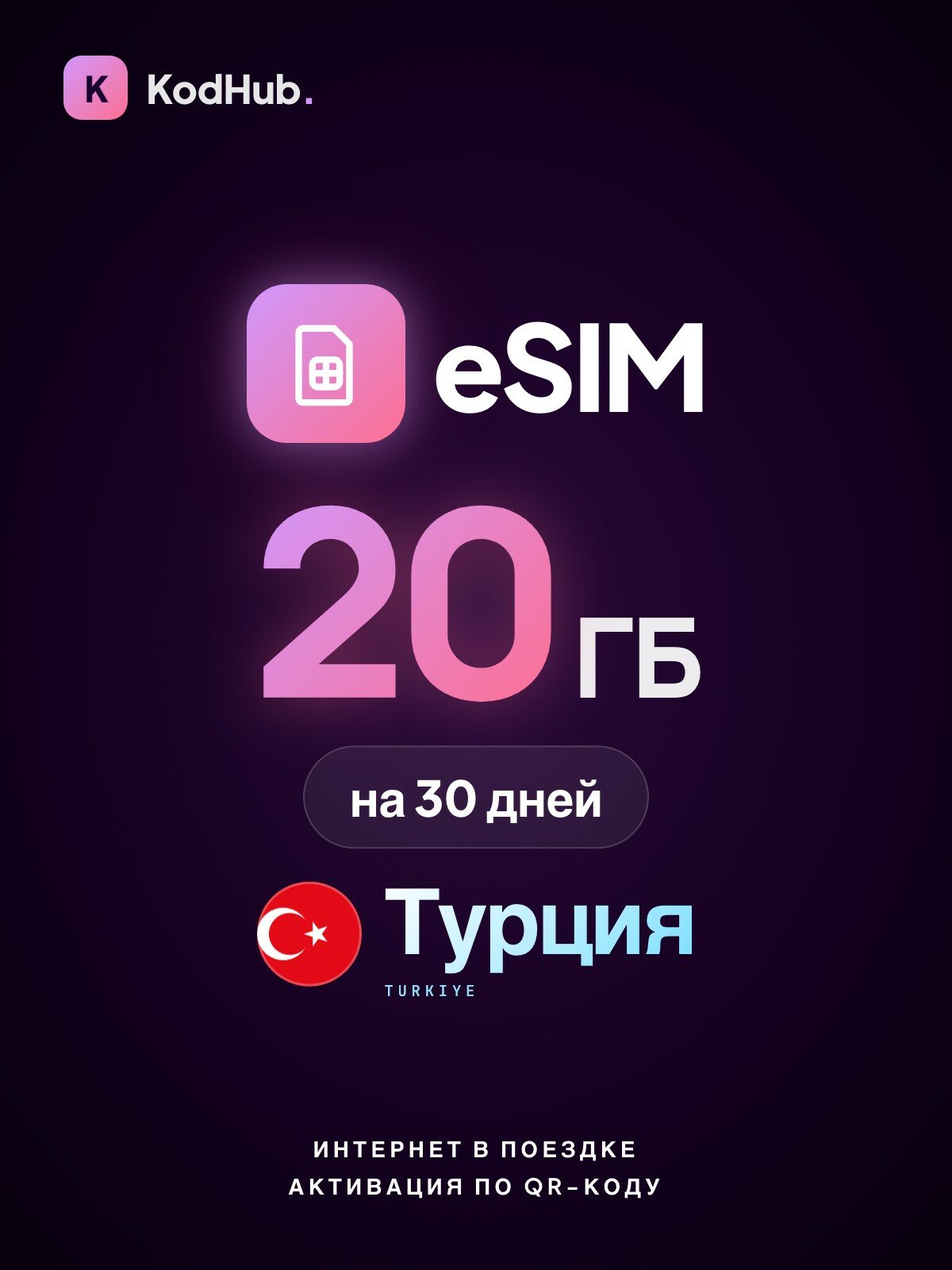 Туристическая eSIM Турция 20 ГБ на 30 дней | интернет в поездке, связь за границей | QR-код активации