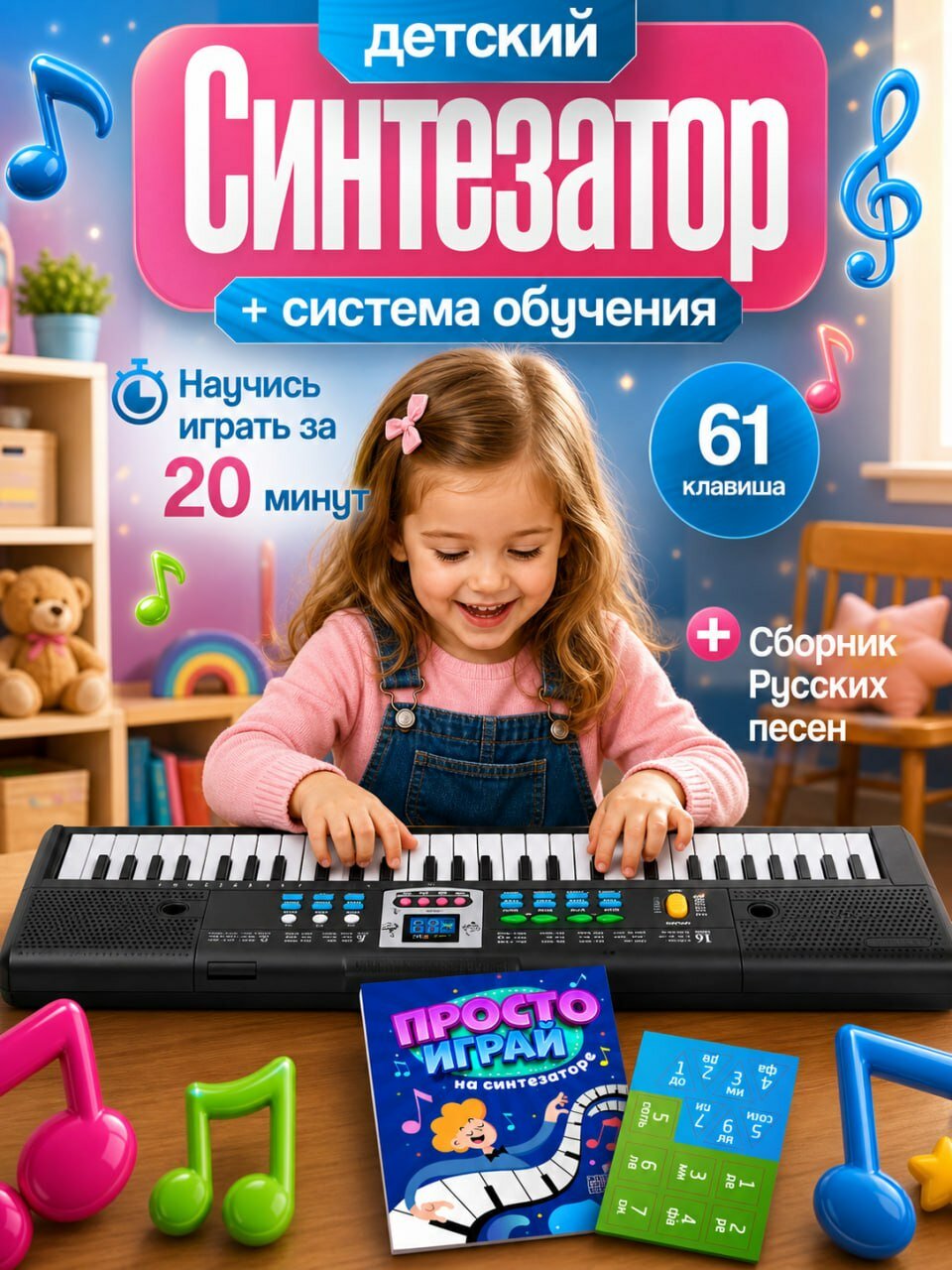 Синтезатор детский с микрофоном пианино 61 клавиша