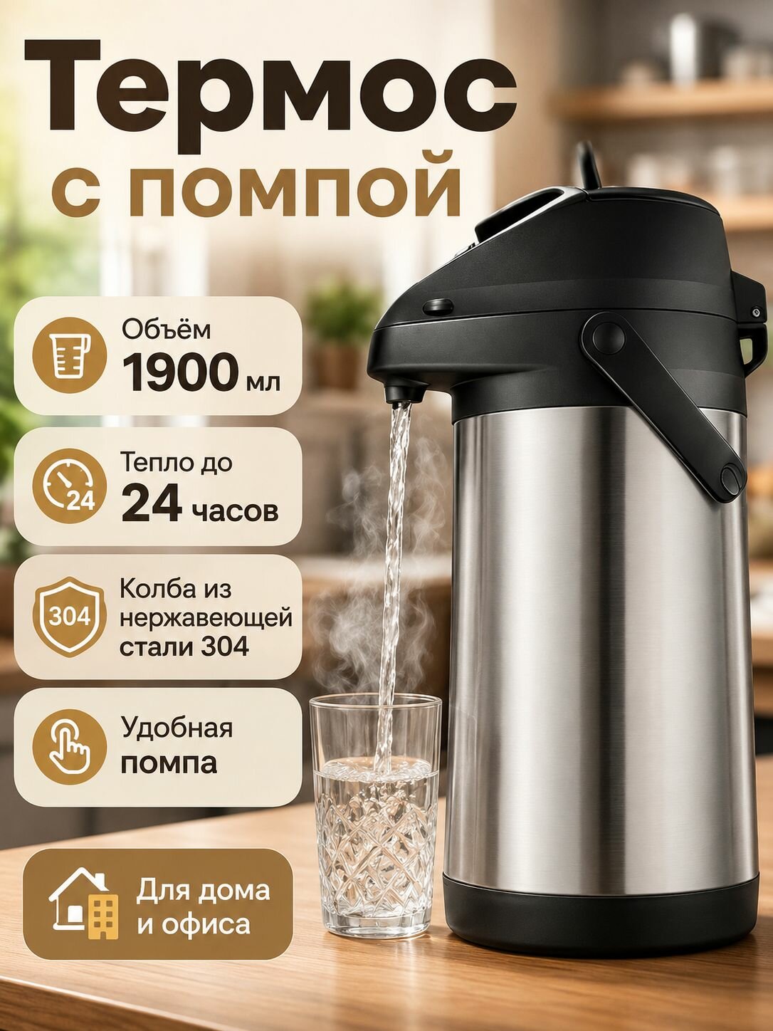 Термос С кнопкой, Ударопрочный корпус, Силиконовая вставка, 1.9 л