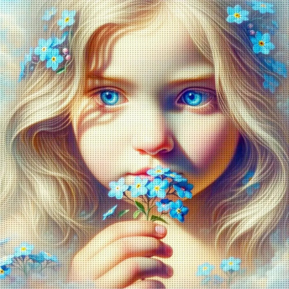 Набор для вышивания,30X30CM,11CT, Голубой цветок и девочка