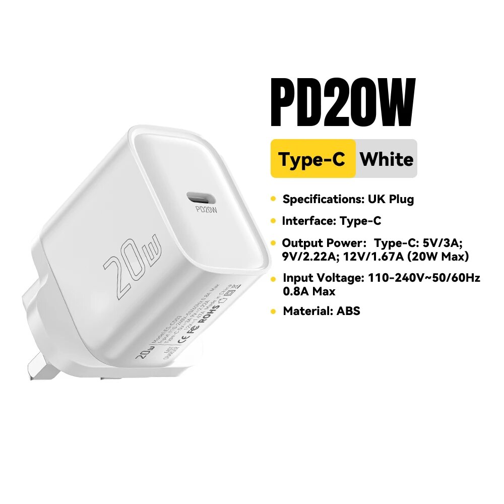 Essager Mini 20 Вт USB Type C Зарядное устройство PD Быстрая зарядка для iPhone 16 20W White UK Plug