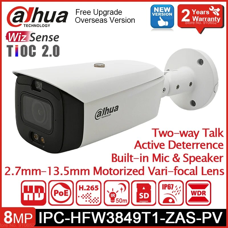 Камера IP Dahua IPC-HFW3849T1-ZAS-PV 8MP WizSense Bullet с двусторонней связью, интеллектуальными двойными огнями, активным запугиванием и моторизированным варифокальным объективом