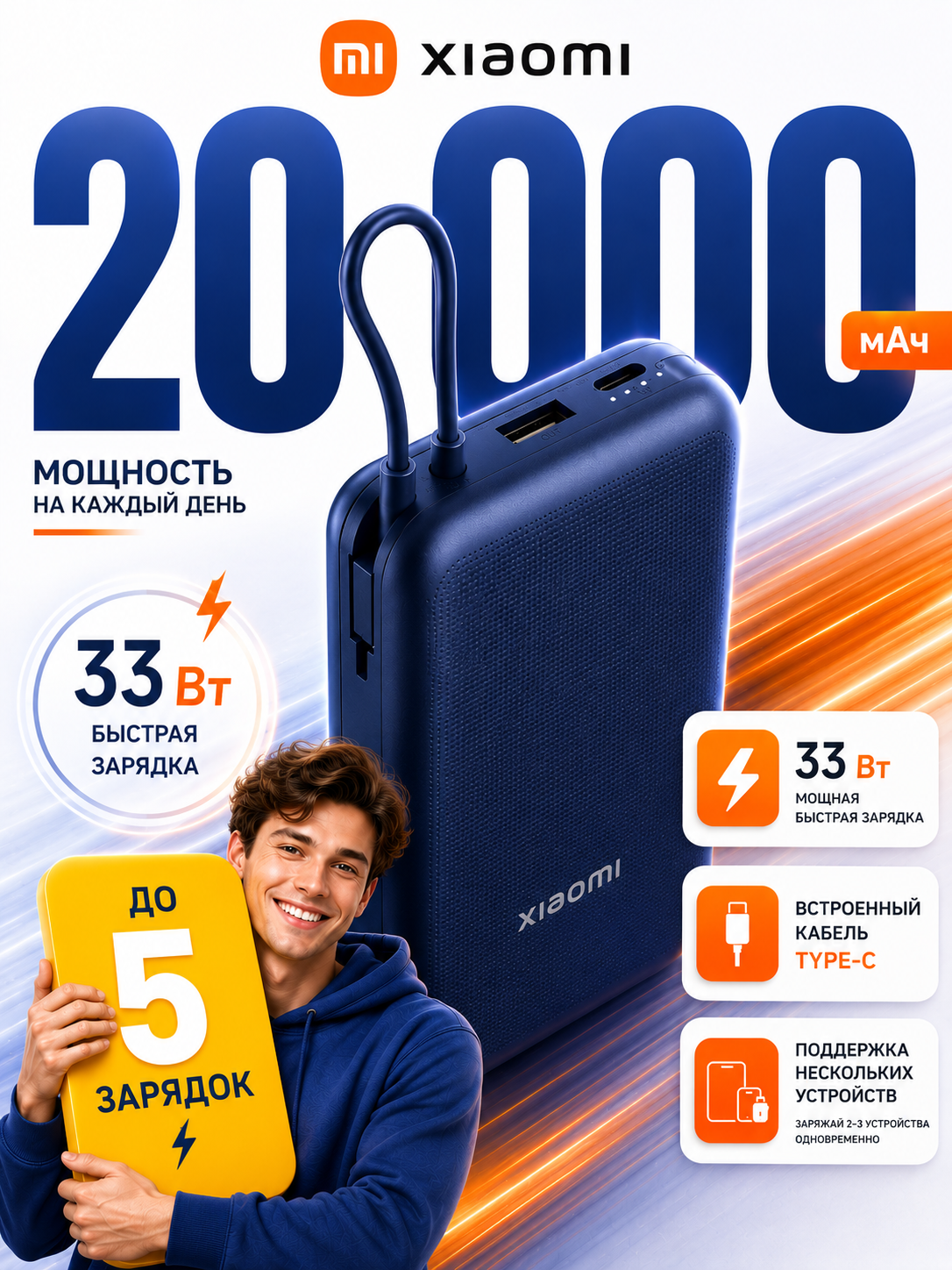 Портативный аккумулятор Cупер быстрый Xiaomi PB2033, 33 Вт, 20000 мАч, с кабелем, синий