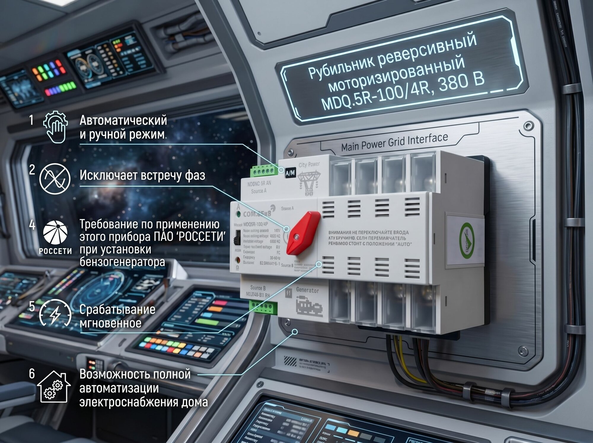 Рeвeрсивный рубильник c электроприводом COM.25X8 MDQ.5R-100/4, 4p 100А