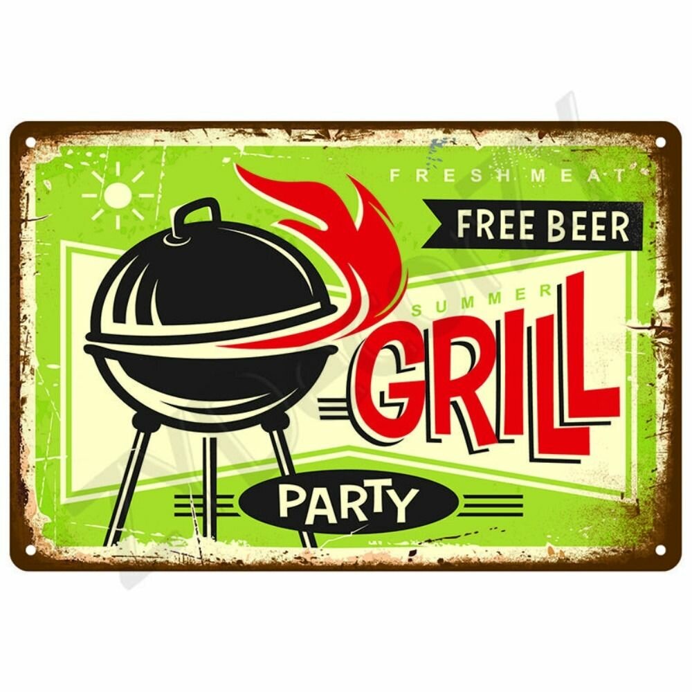 Металлический постер на стену, надпись "Summer Grill Party Free Beer", декор для кухни и зоны барбекю, 20x30cm,2D Flat