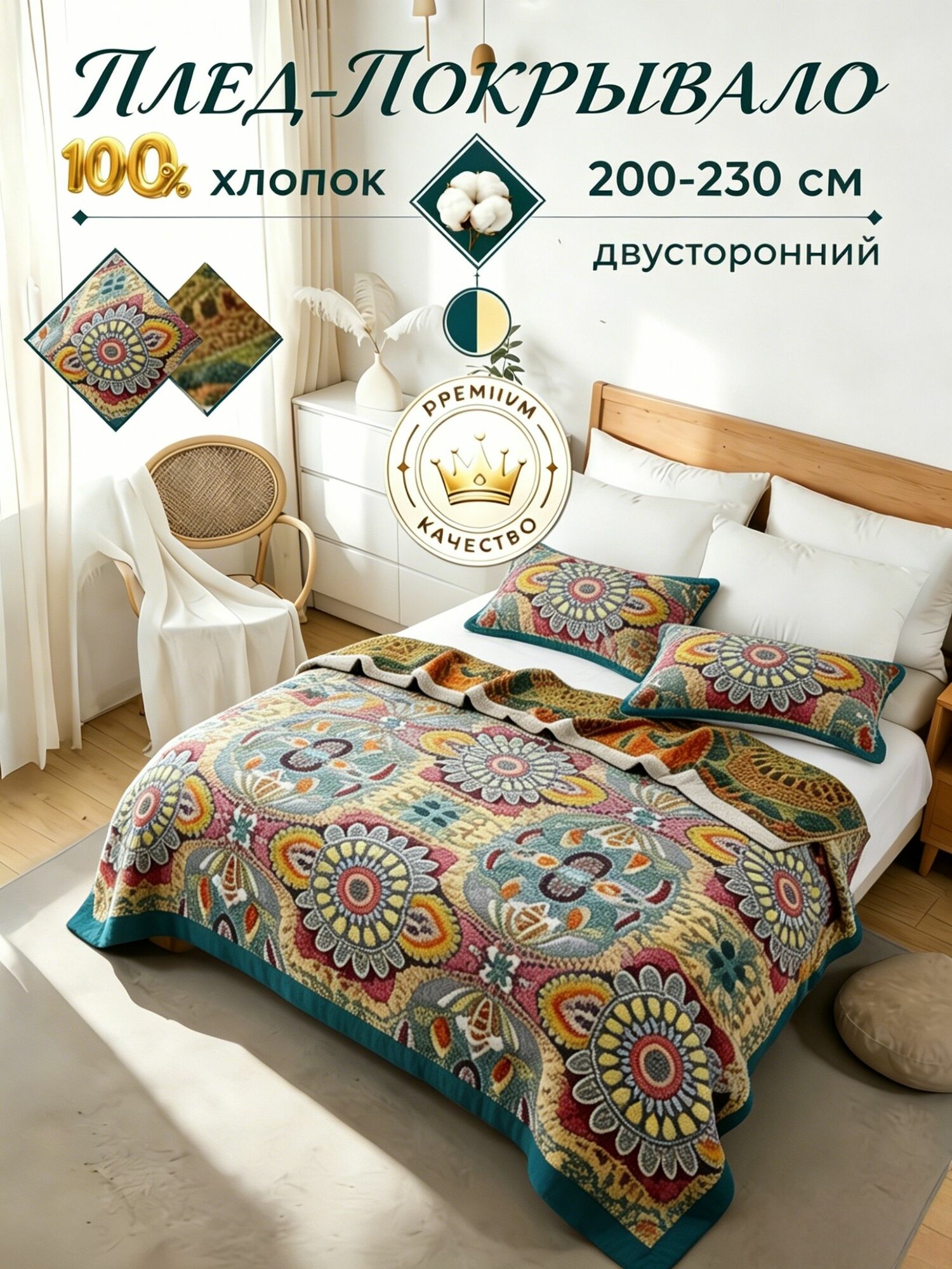 Плед 200x230 см хлопок двусторонний орнамент коричневый