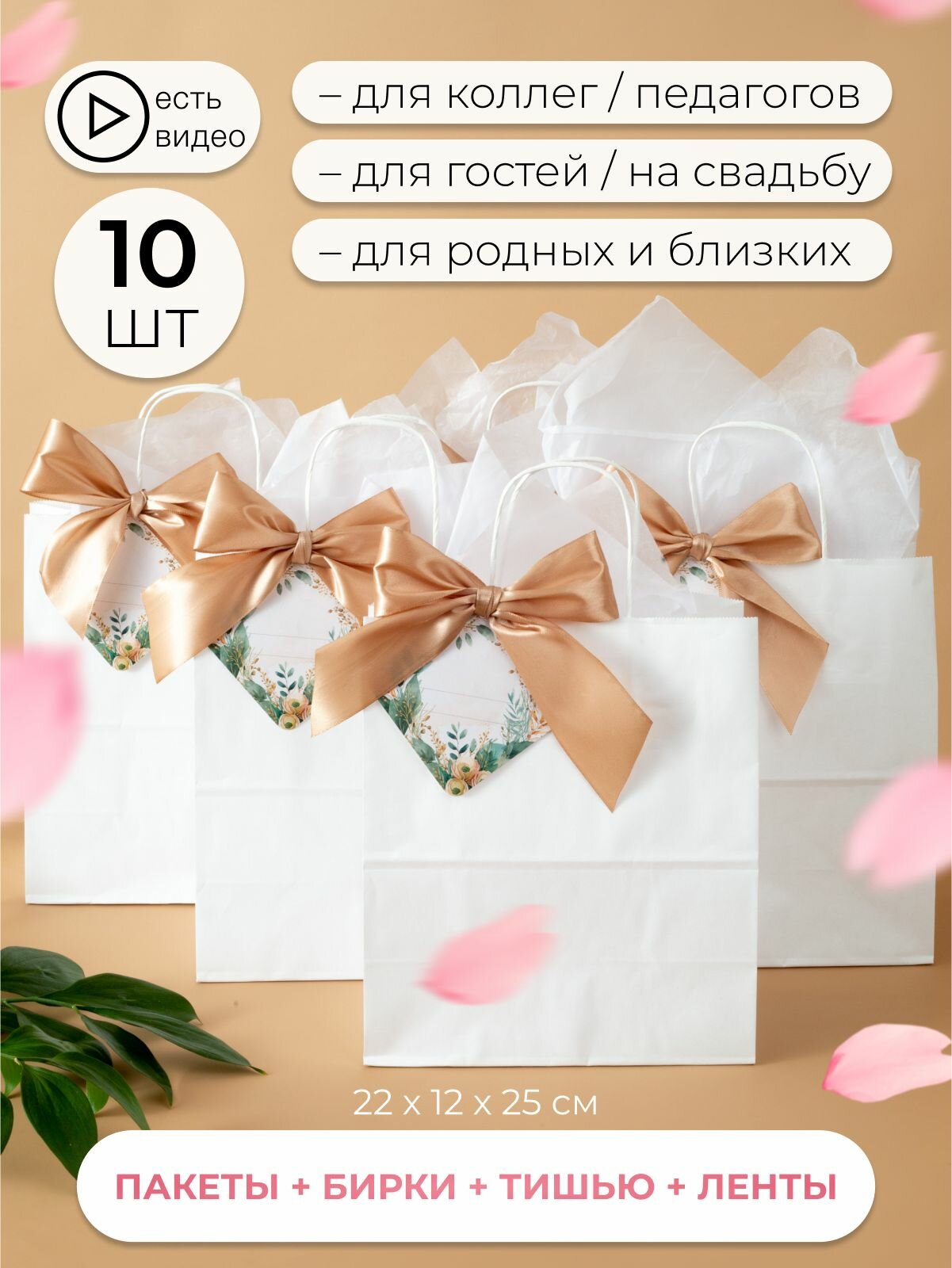Подарочный пакет бумажный крафт для подарков с ручками 10 штук, 220х120х250