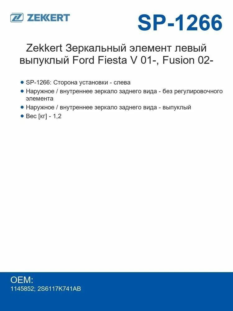Zekkert Зеркальный элемент левый выпуклый Ford Fiesta V 01-, Fusion 02-