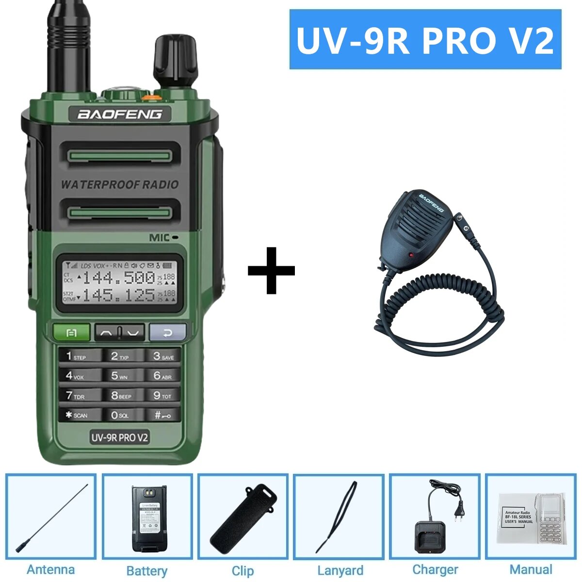 Радиостанция Baofeng UV 9R Pro V2 с водонепроницаемостью IP68, с трехрежимной мощностью, зарядкой Type-C, двубандовой трансивер, амортизированная рация, морская рация
