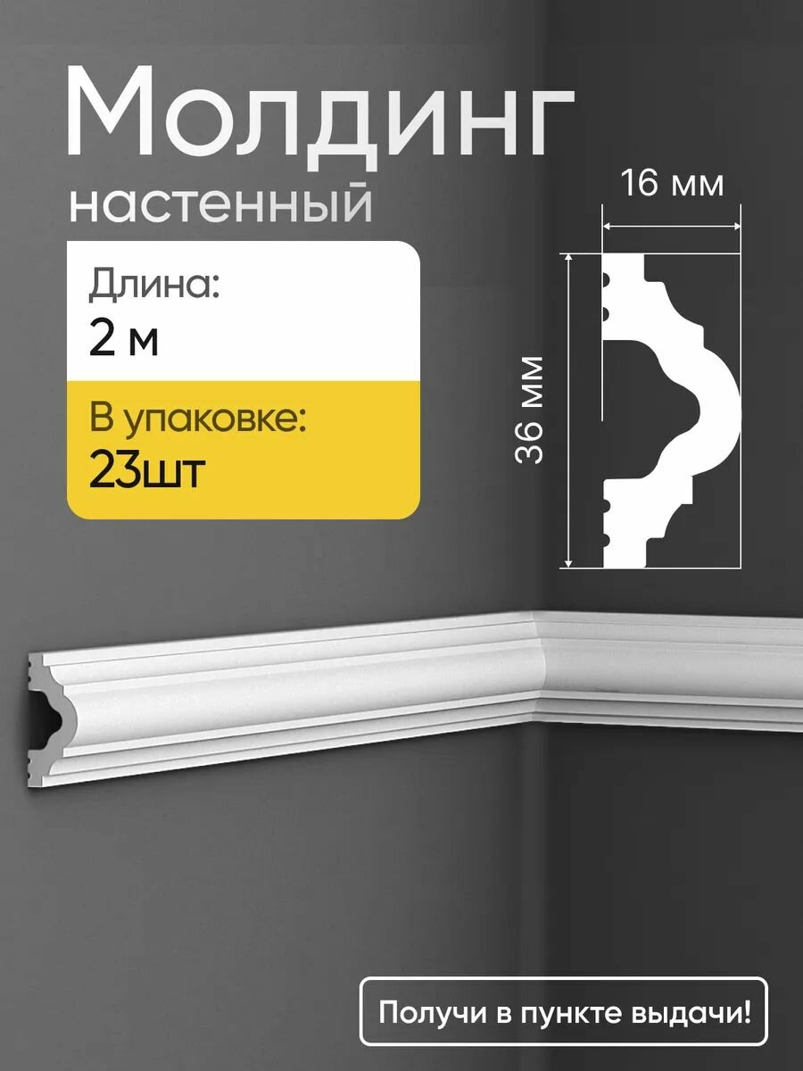 Молдинг настенный дюрополимер,2метра 36x16мм, 23шт, белый, под покраску, ударопрочный, влагостойкий Glanzepol GPD-21