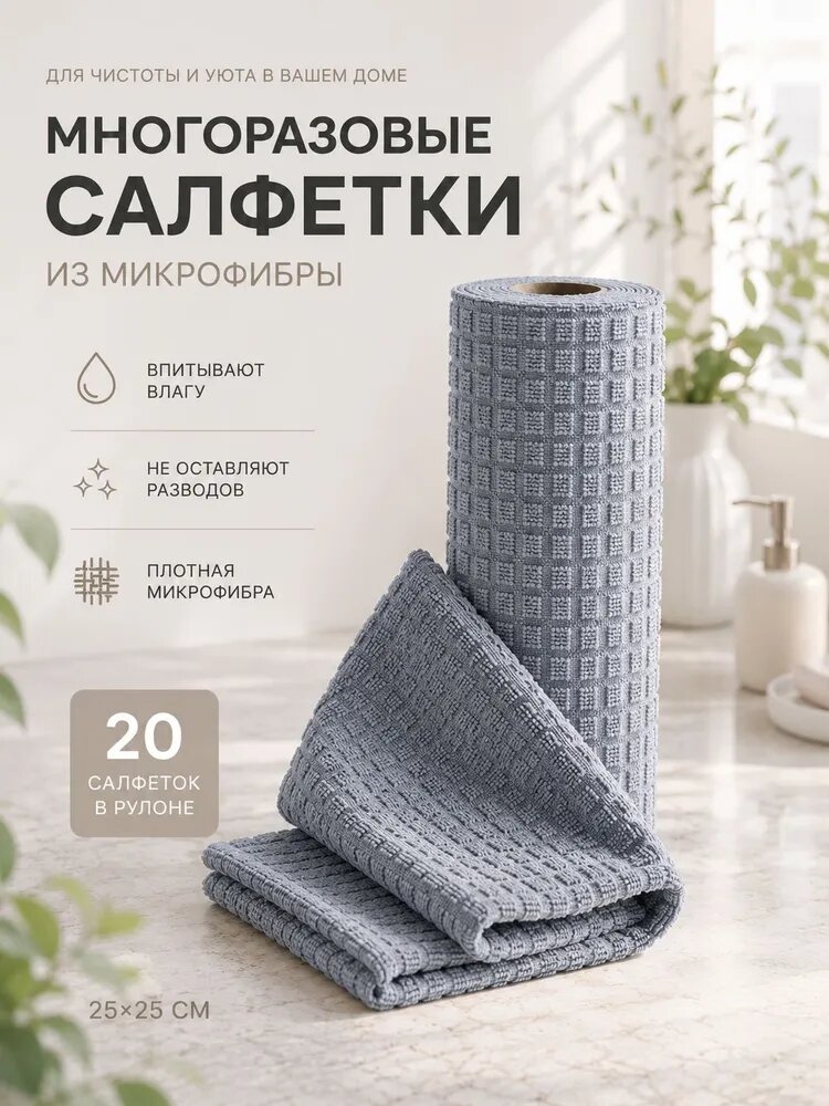 Салфетки протирочные в рулоне 25 25 см, Т20 шт отрывные, антибактериальные, тряпки для кухни, микрофибра, без ворса, многоразовые, для дома, кухни и автомобиля