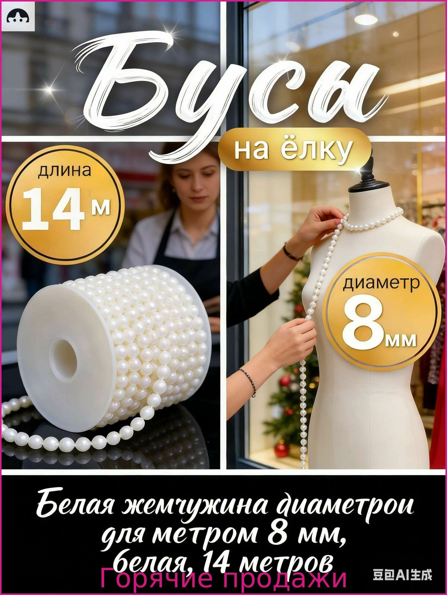 Жемчуг на нитях, Белая жемчужина диаметром 8 мм, белая, 14 метров