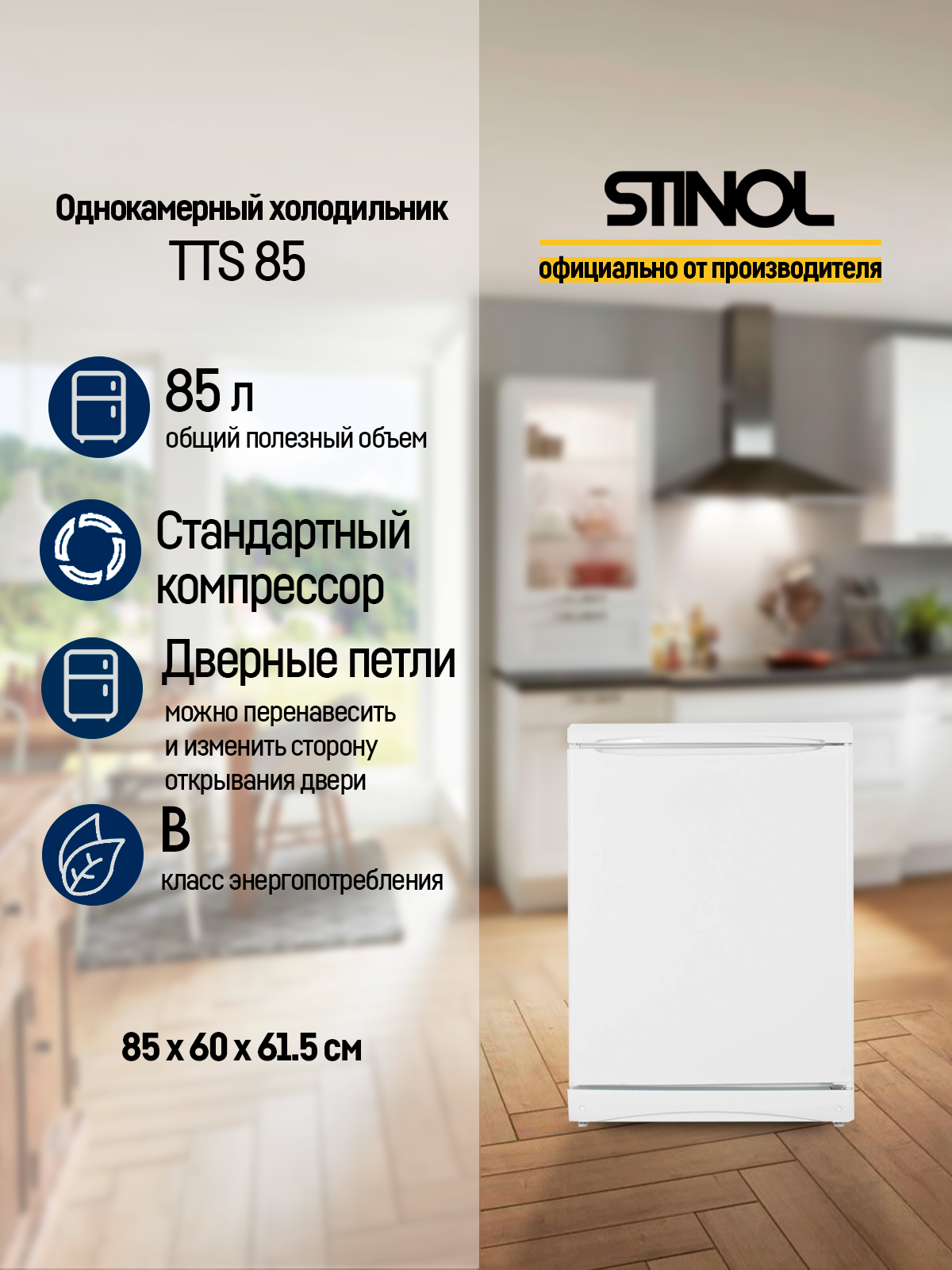 Однокамерный холодильник STINOL TTS 85, белый, с морозильной камерой