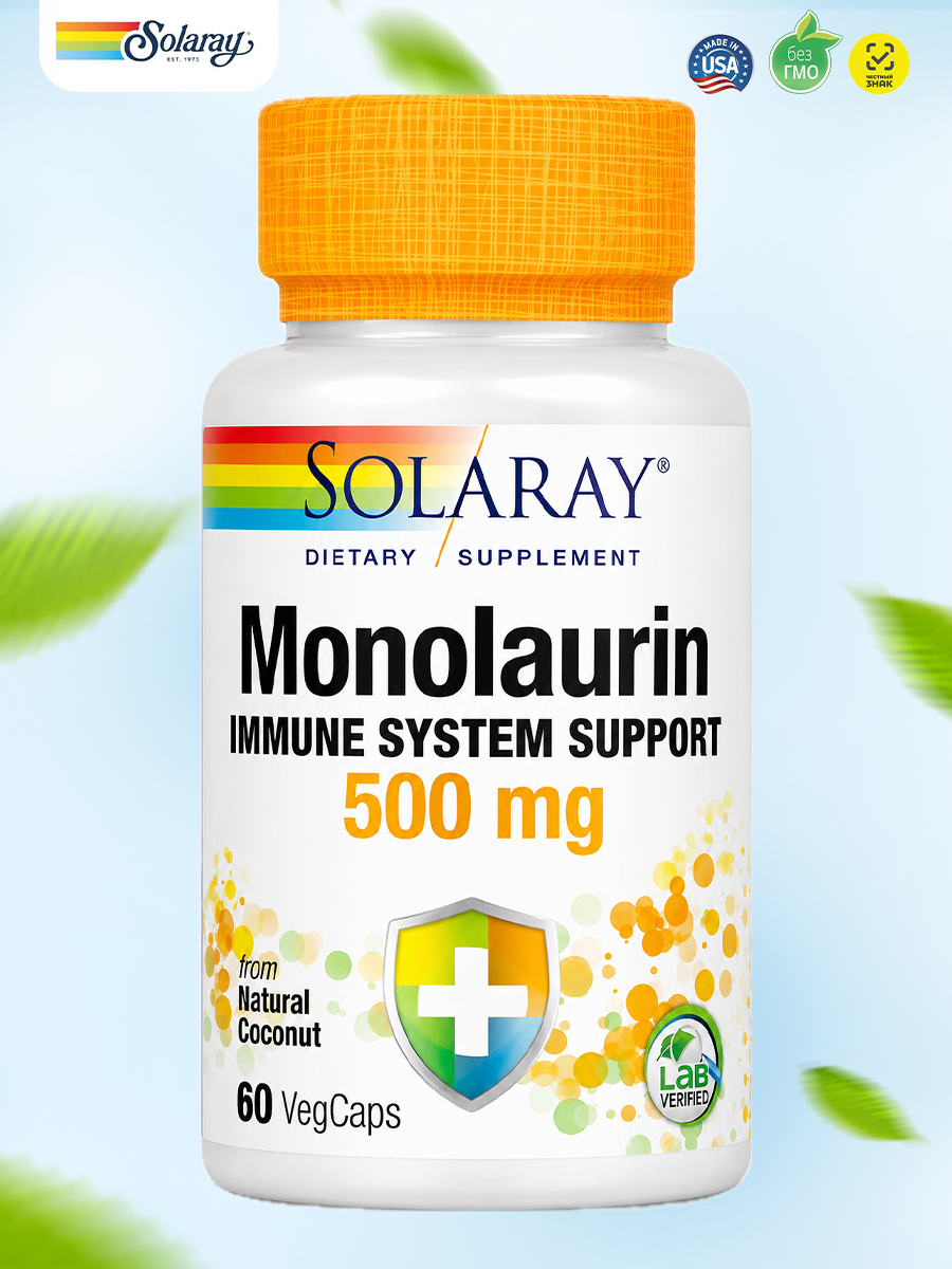 Solaray Монолаурин 500 мг 60 веганских капсул, Monolaurin, Immune System Support 500 mg 60 vcaps