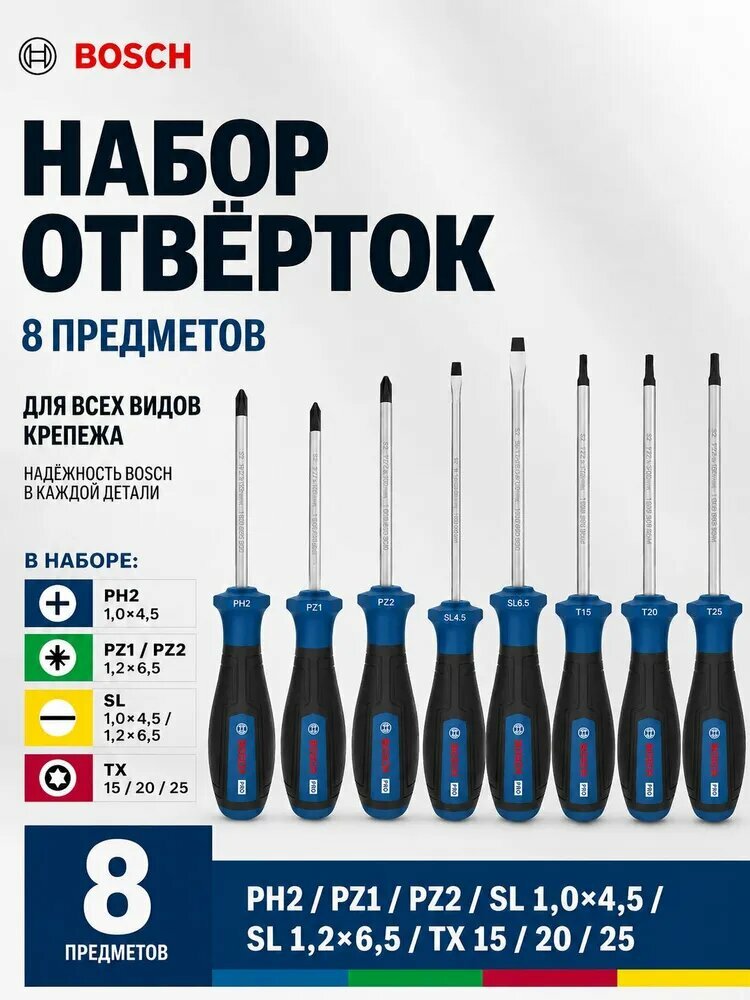 Bosch набор PRO отверток PH/PZ/SL/TX, 8 шт.